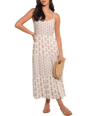 PETAL & PUP Echo Print Tiered Sleeveless Midi Dress - White/ Pink