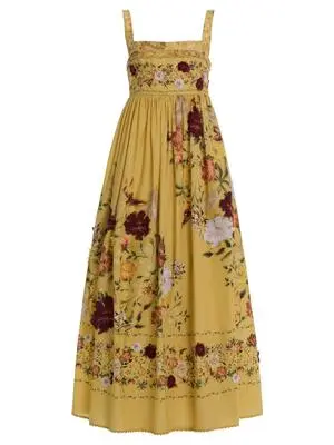 Agua Bendita Barbara Embroidered Cotton Midi Dress Yellow