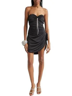 AREA Crystal Flower Draped Strapless Satin Minidress - Black