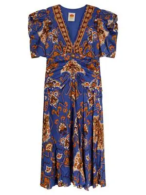 Farm Rio Ornament Floral Viscose Midi Dress - Blue