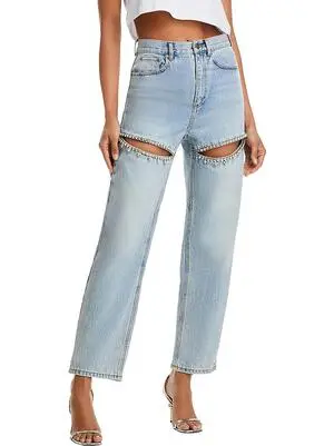AREA Crystal Slit Denim Jeans - Light Blue