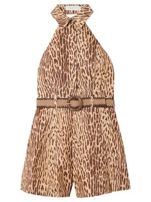 Zimmermann Cascadian Belted Leopard-print Linen Playsuit - Animal Print