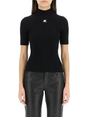 COURREGES Ribbed High Neck Short Sleeve Sweater - Black