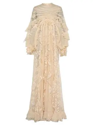 lace long sleeve fit and flare wedding dress Zapaka Women Ivory Lace Flare Sleeves A-Line Wedding Dress V-Neck Sweep Train Bridal Dress, Ivory / US16 main image 0