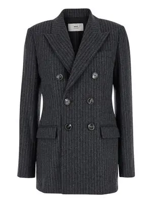 Ami Striped Wool Double-breasted Jacket - Grey