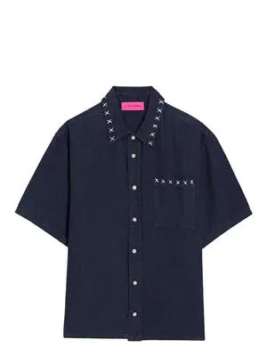 THE ELDER STATESMAN Sulfur Embroidered Linen Shirt - Navy