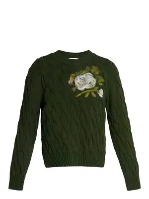 Erdem Cable-knit Floral-embroidered Sweater - Green