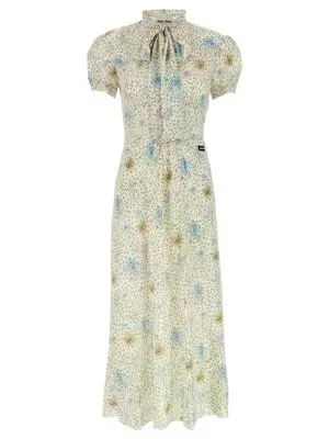 Miu Miu Long Crêpe De Chine Dress With Floral Print - Neutrals