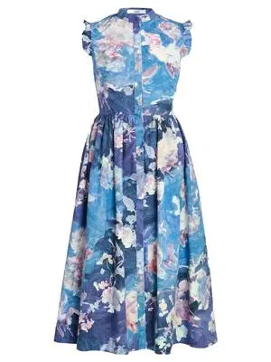 Erdem Floral-print Dress With Ruffle Detail - Blue