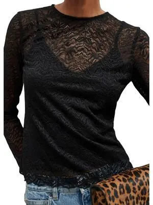 ME+EM Lace Crewneck Top - Black