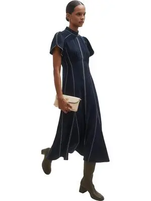 ME+EM Contrast Stitch Crepe Midi Dress - Navy