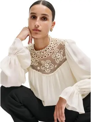 ME+EM Silk And Lace Long Sleeve Blouse - Light Cream