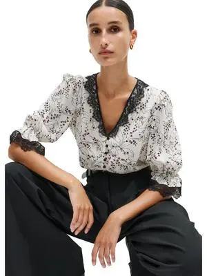 ME+EM Silk Lily Of The Valley Print Blouse With Tie - Light Cream/black/multi