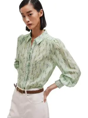 ME+EM Silk Cotton Climbing Feather Print Blouse - Light Cream/green/multi