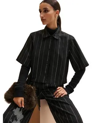 ME+EM Fluid Crop Pinstripe Shirt - Black/stone
