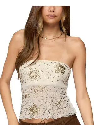 EDIKTED Astra Beaded Sheer Strapless Top - Cream
