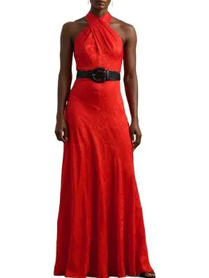 Ralph Lauren Floral Jacquard Belted Gown - Bright Vermilion