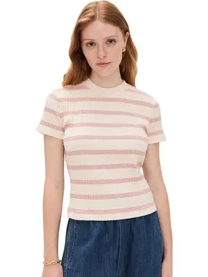 Vince Striped Ribbed Knit Top - Oat Shell Combo