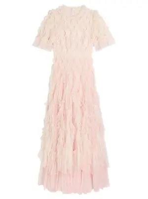 NEEDLE & THREAD Rosella Ruffled Tulle Gown - Pink And White