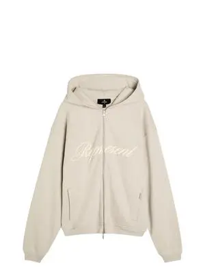 REPRESENT Script Logo Zip Hooded Cotton Sweatshirt - Grey