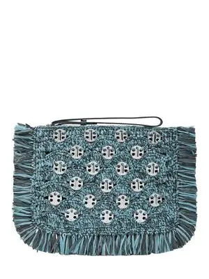 Rabanne Fringed Raffia Pouch With Disc Embellishments - Denim