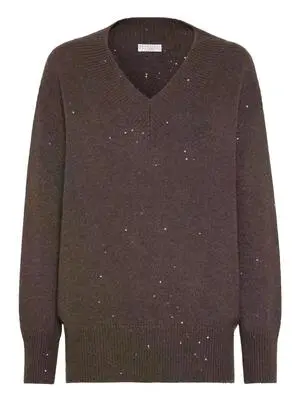 Brunello Cucinelli Sequin-embellished V-neck Sweater - Brown