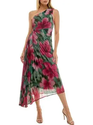SOCIALITE Floral Metallic Stripe One-shoulder Pleated Dress - Olive/ Magenta