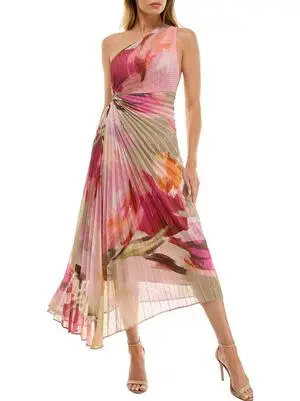 SOCIALITE Floral Metallic Stripe One-shoulder Pleated Dress - Sage/pink