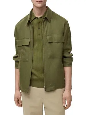 Mango Linen Zip-Up Jacket With Pockets Green