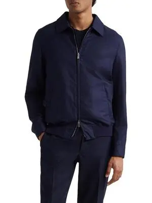 Thom Sweeney Spread Collar Wool Twill Bomber Jacket - Navy