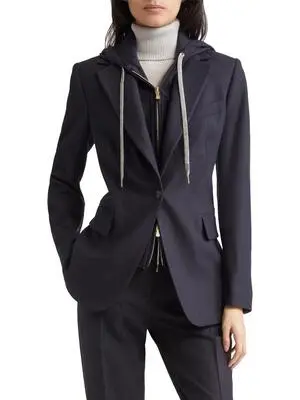 Eleventy Stretch Wool Blazer With Removable Hooded Bib - New Blue