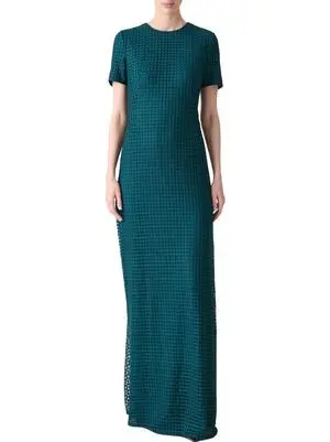 Akris Flower Grid Embroidered Tulle Trumpet Gown - River Green
