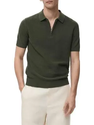 Mango Openwork Knit Quarter Zip Polo - Khaki Green
