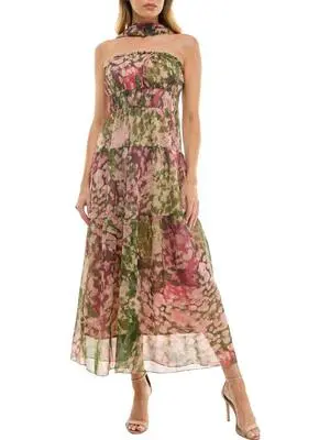 SOCIALITE Floral Strapless Dress With Scarf - Olive/ Pink