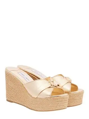 JIMMY CHOO Leda 100 Leather Platform Wedge Sandals - Gold