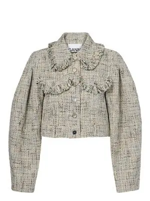 GANNI Cropped Cotton Tweed Jacket - Blue