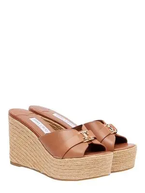 JIMMY CHOO Leda 100 Leather Platform Wedge Sandals - Brown