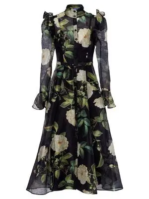 LEO LIN Katrina Floral Linen-blend Midi Dress - Black