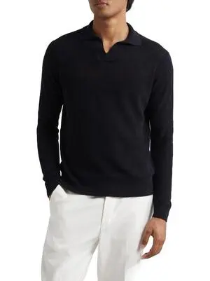 Thom Sweeney Skipper Long Sleeve Linen & Cotton Polo - Black