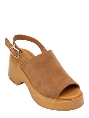 FOREVER & ALWAYS SHOES Power Leather Platform Wedge Sandals - Cognac Brown Suede Leather