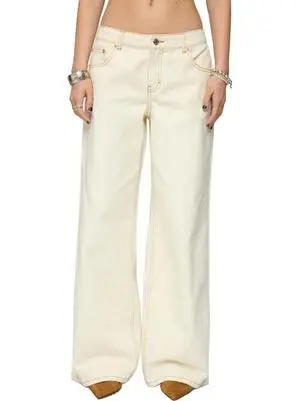 EDIKTED Contrast Stitch Low Rise Wide Leg Jeans - Cream