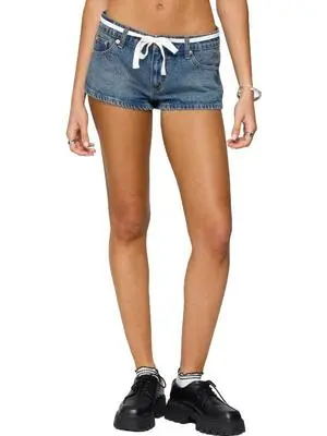 EDIKTED Low Rise Denim Shorts - Blue-washed