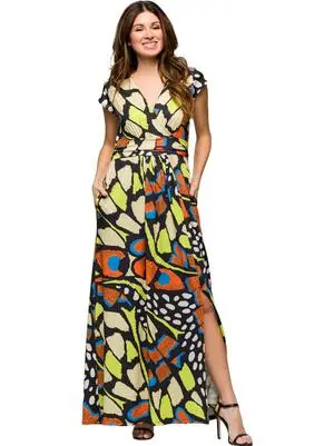24SEVEN COMFORT APPAREL Butterfly Print Cap Sleeve Maxi Dress - Orange Multi