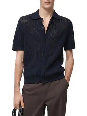 Mango Openwork Short Sleeve Cotton Button-up Shirt - Dark Navy