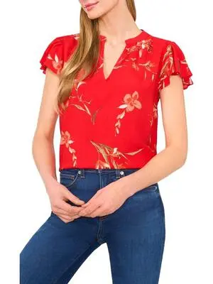 CECE DUPRAZ Floral Flutter Sleeve V-neck Top - Fiery Red