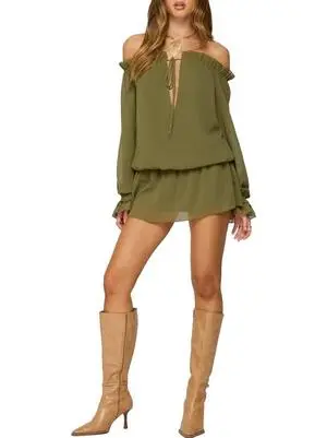 EDIKTED Chiffon Long Sleeve Romper - Olive