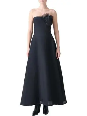 Akris Strapless Silk Maxi Dress With Corsage - Black