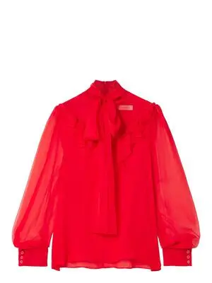 Carolina Herrera Tie-Neck Ruffled Silk-Chiffon Blouse Red