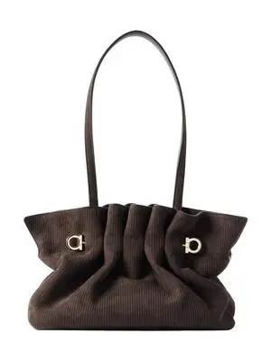 FERRAGAMO Embellished Gathered Ribbed Suede Shoulder Bag - Brown