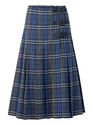 Burberry Leather-trimmed Pleated Checked Wool Midi Skirt - Multi